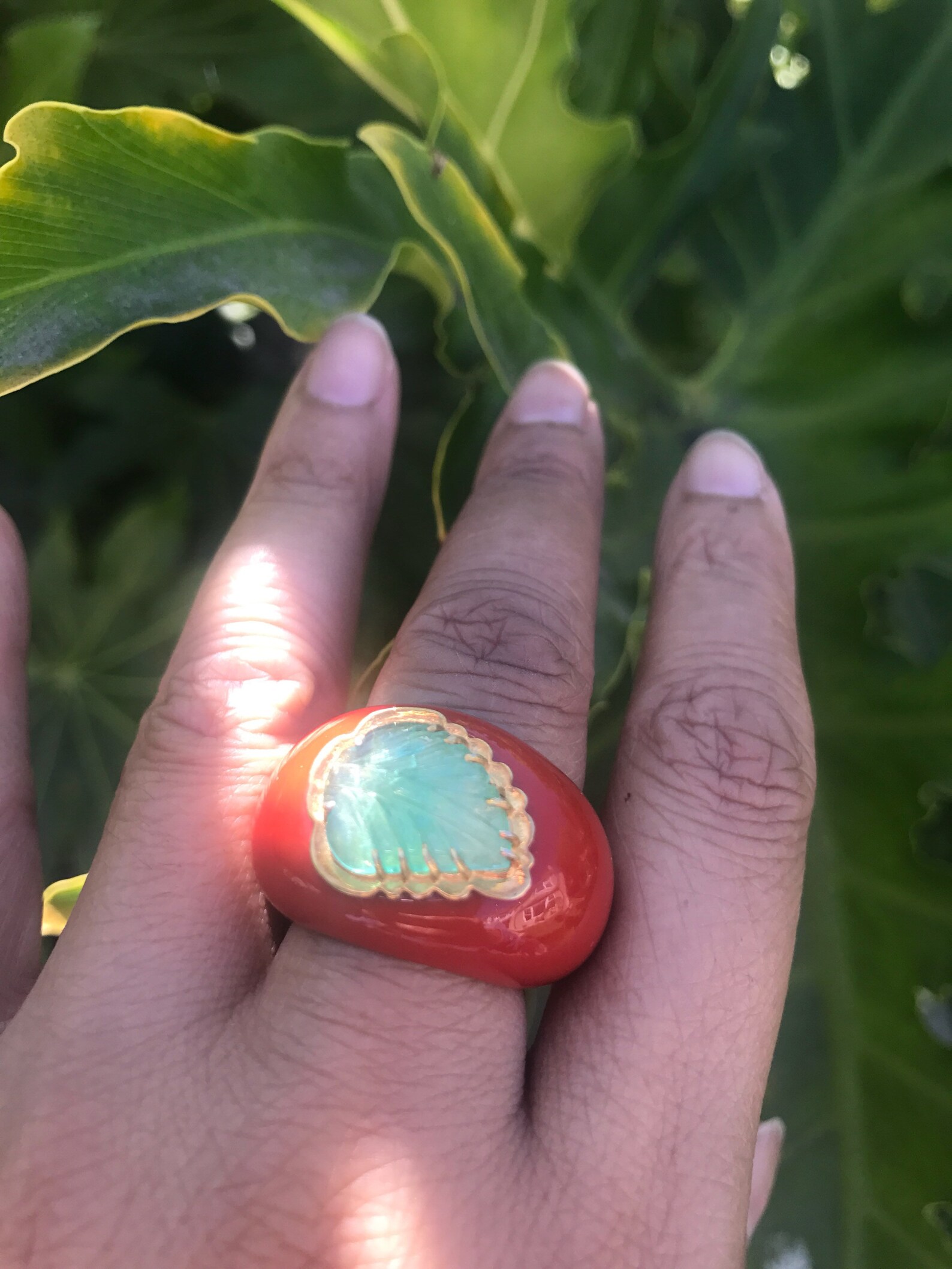 Red Coral Emerald Leaf Ring Genuine Emerald Ring Stunning | Etsy