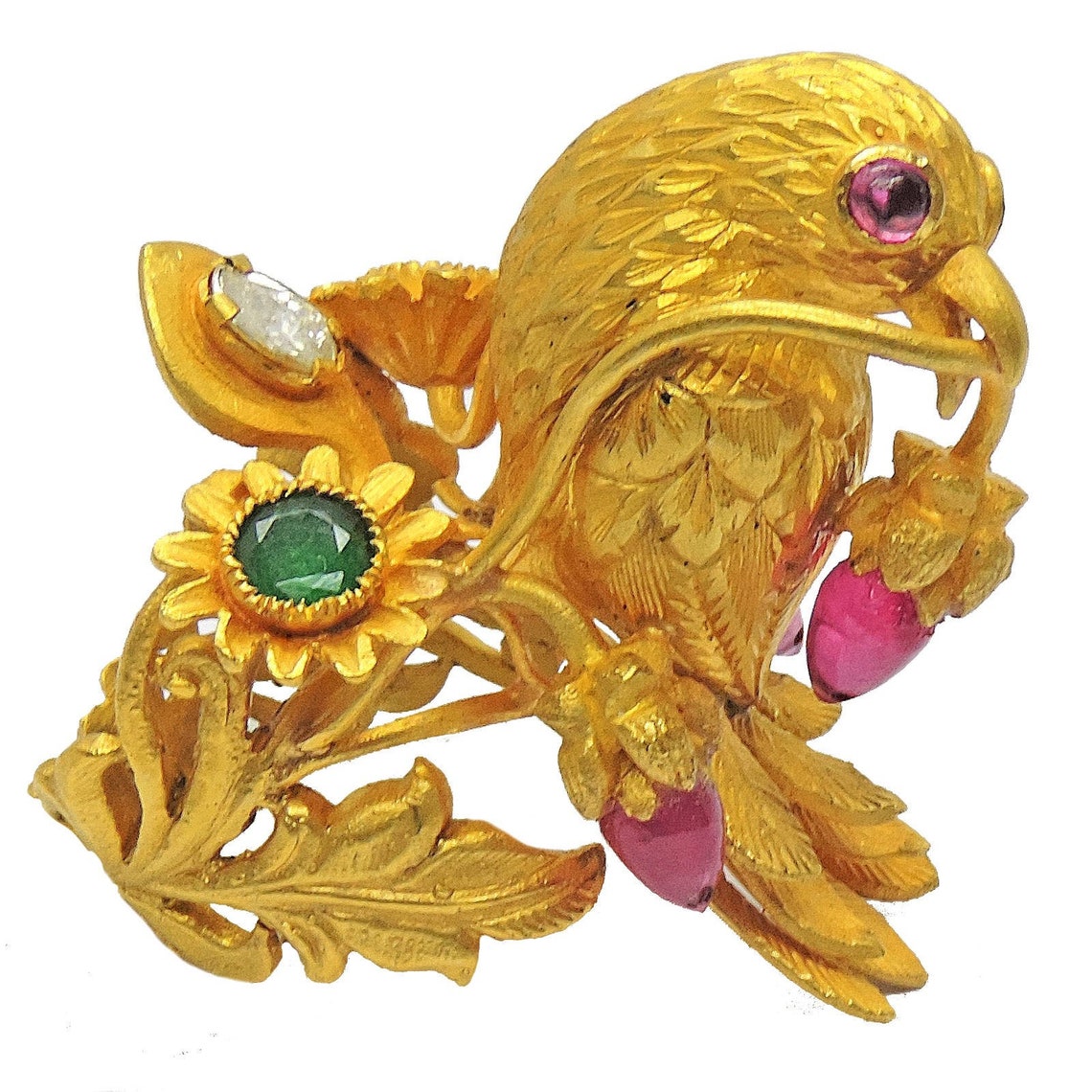 22k Gold Bird Ring With Emerald Ruby Diamond Carved Bird Ring - Etsy