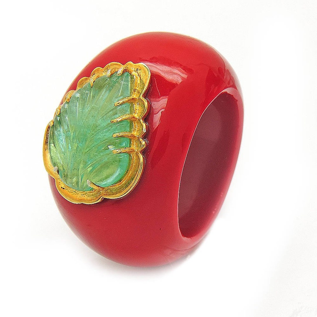 Red Coral Emerald Leaf Ring, Genuine Emerald Ring, Stunning Unique ...