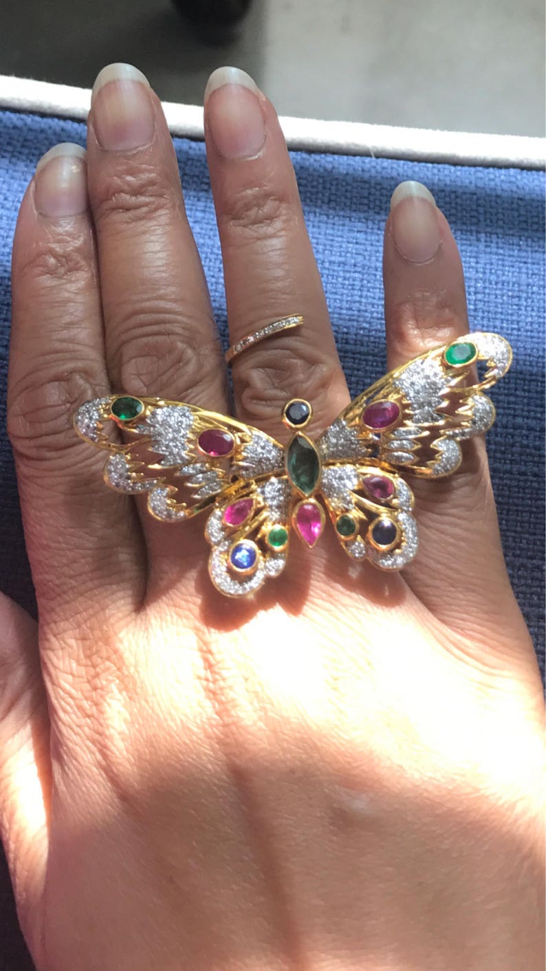 18k Gold Diamond Butterfly Ring With Ruby Sapphire Emerald - Etsy