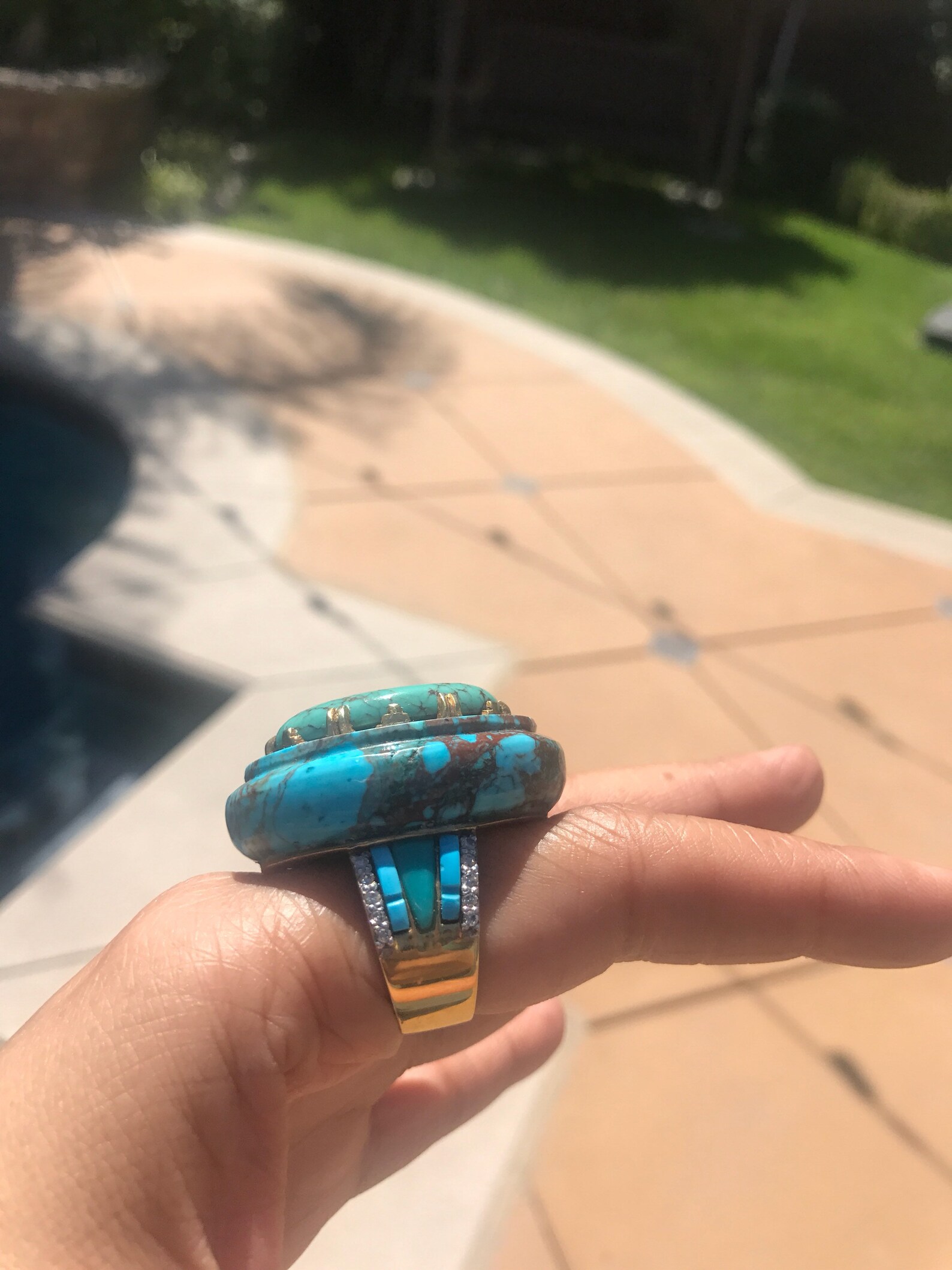 Sterling Turquoise Diamond Ring Carved Turquoise Ring Fine | Etsy