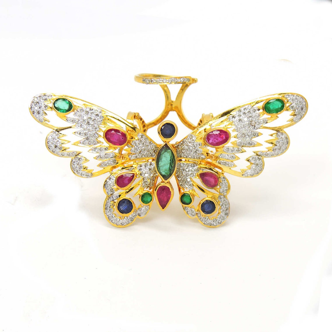 18k Gold Diamond Butterfly Ring With Ruby Sapphire Emerald - Etsy