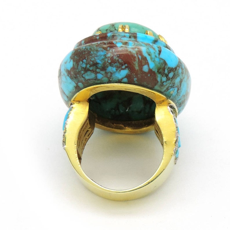 Sterling Turquoise Diamond Ring Carved Turquoise Ring Fine - Etsy