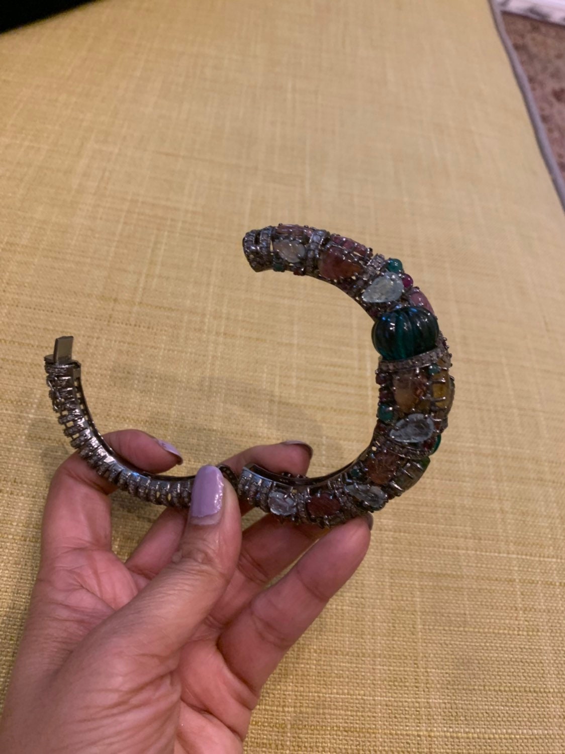 Custom stunning Bangle cuff with carved Emerald Aquamarine | Etsy