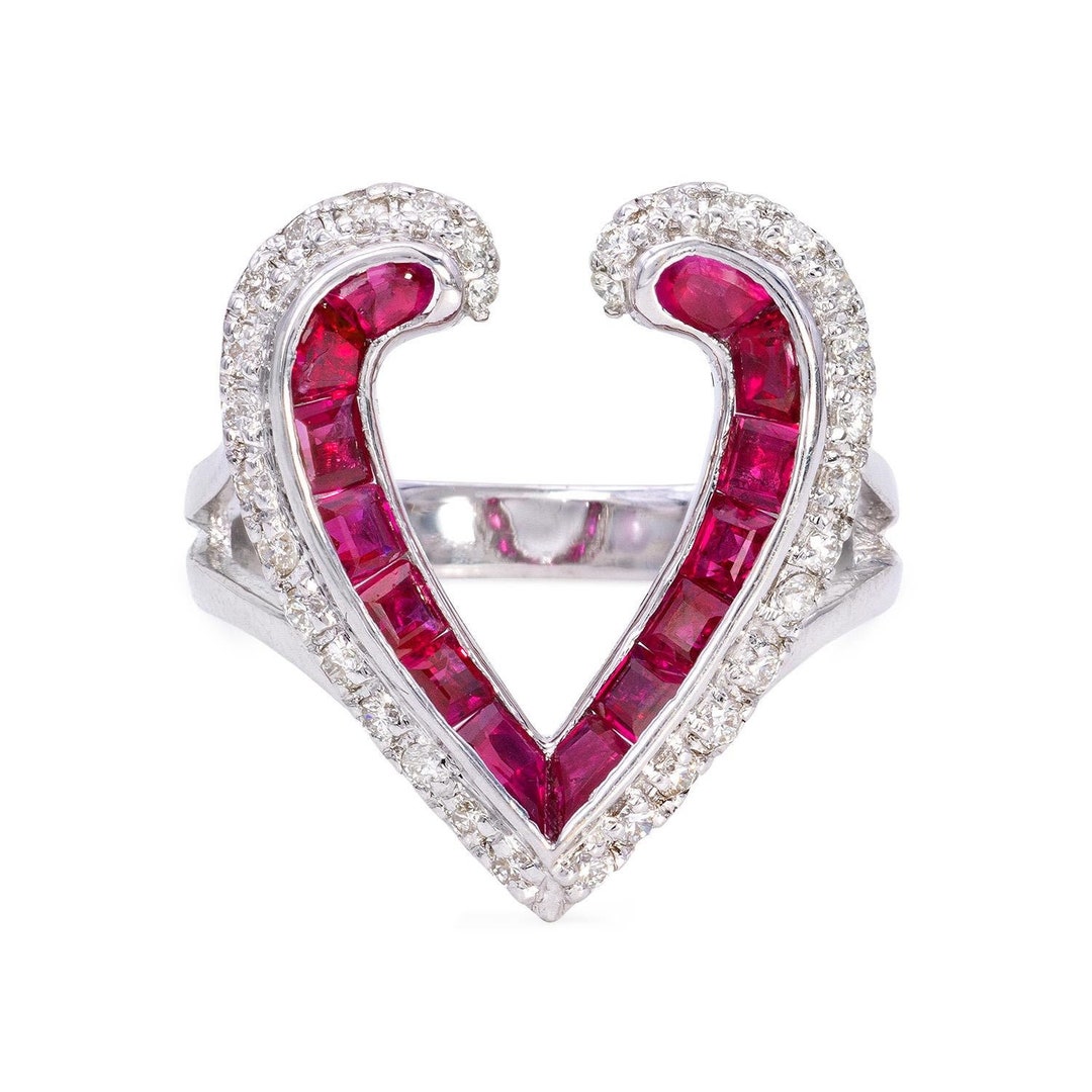 14k White Gold Diamond Ruby Heart Ring, 14k White Gold Heart With ...