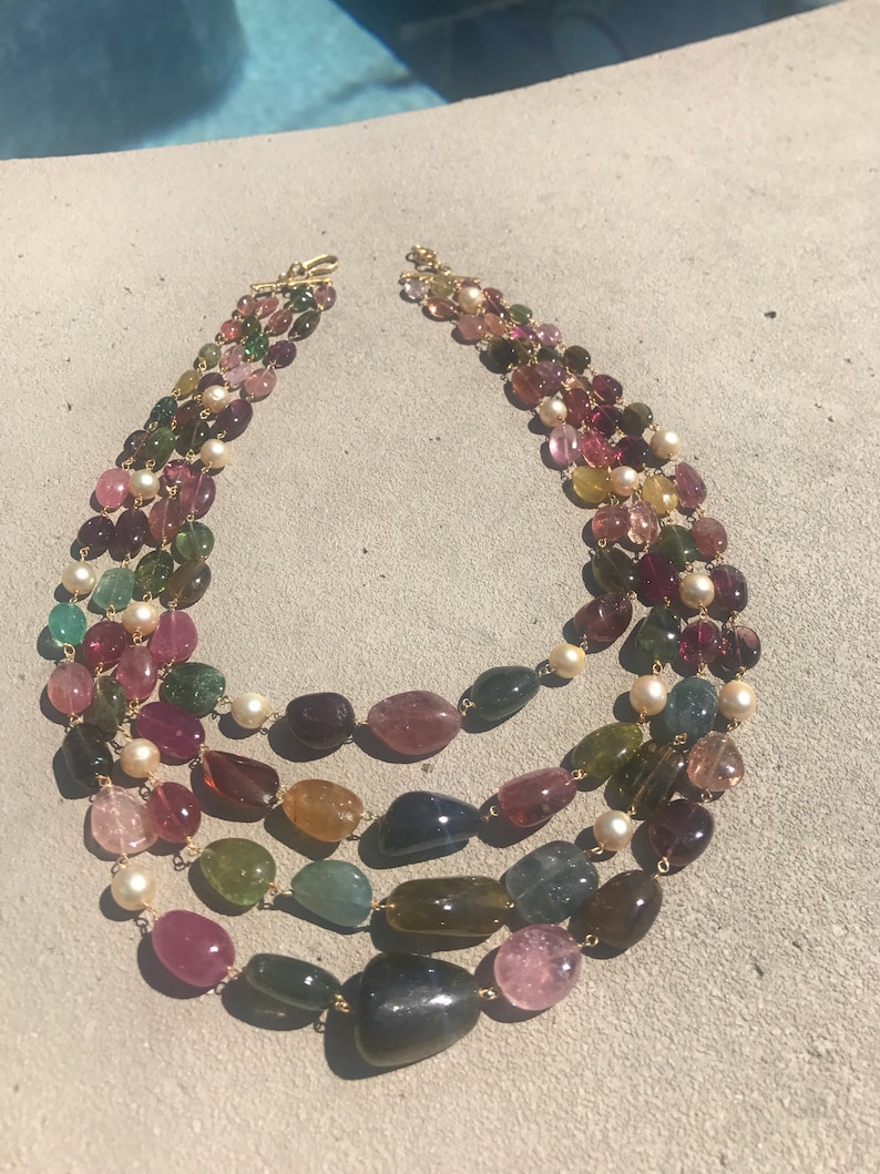 Natural Multi Tourmaline Necklace, Cabachon Tourmaline Smooth Bead ...