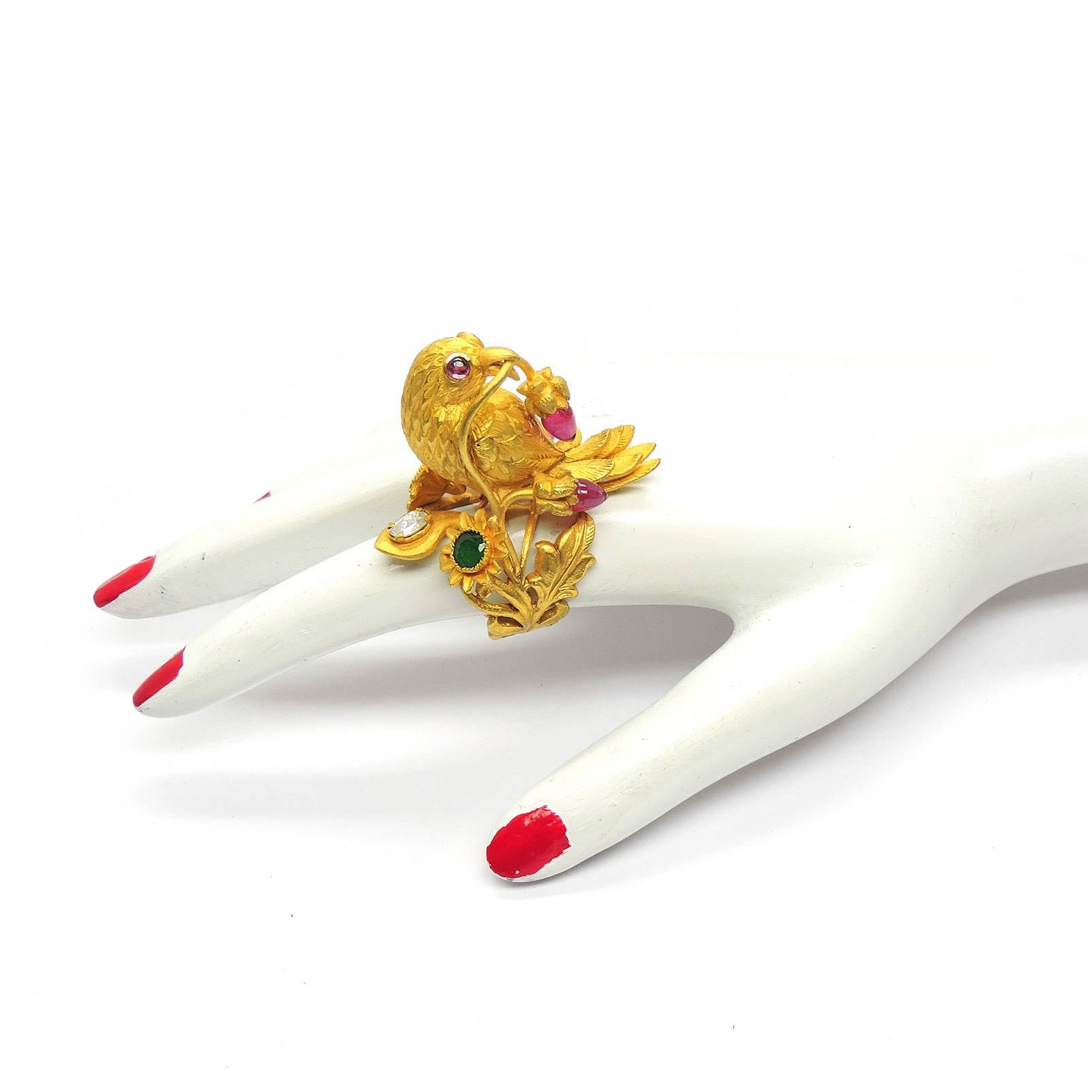 22k Gold Bird Ring With Emerald Ruby Diamond, Carved Bird Ring With ...