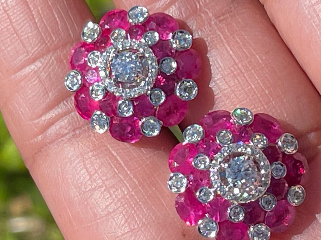 7 Carat Ruby Diamond Earrings, Diamond Ruby Earrings Studs , Big Ruby ...