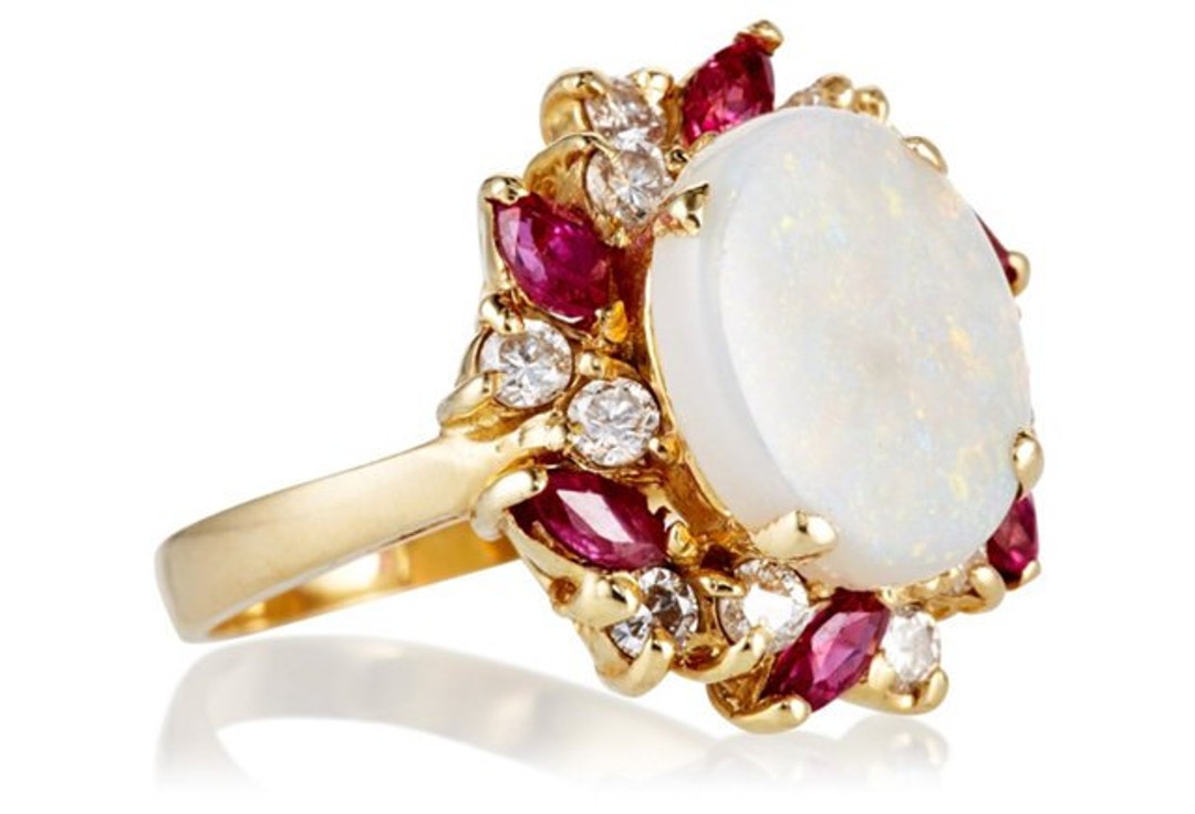 Opal Diamond Ruby Ring, 14k Gold Opal Ring, Glamorous Estate Ring - Etsy