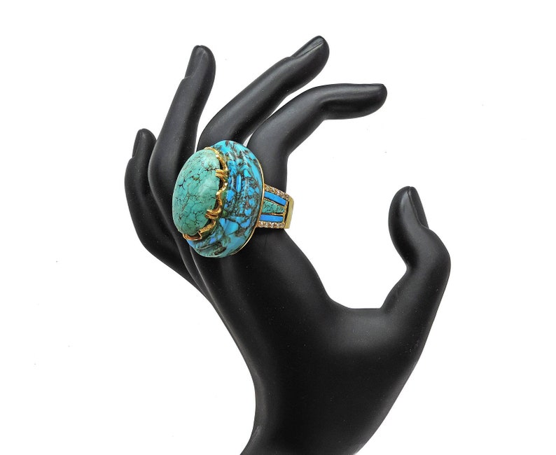 Sterling Turquoise Diamond Ring Carved Turquoise Ring Fine - Etsy