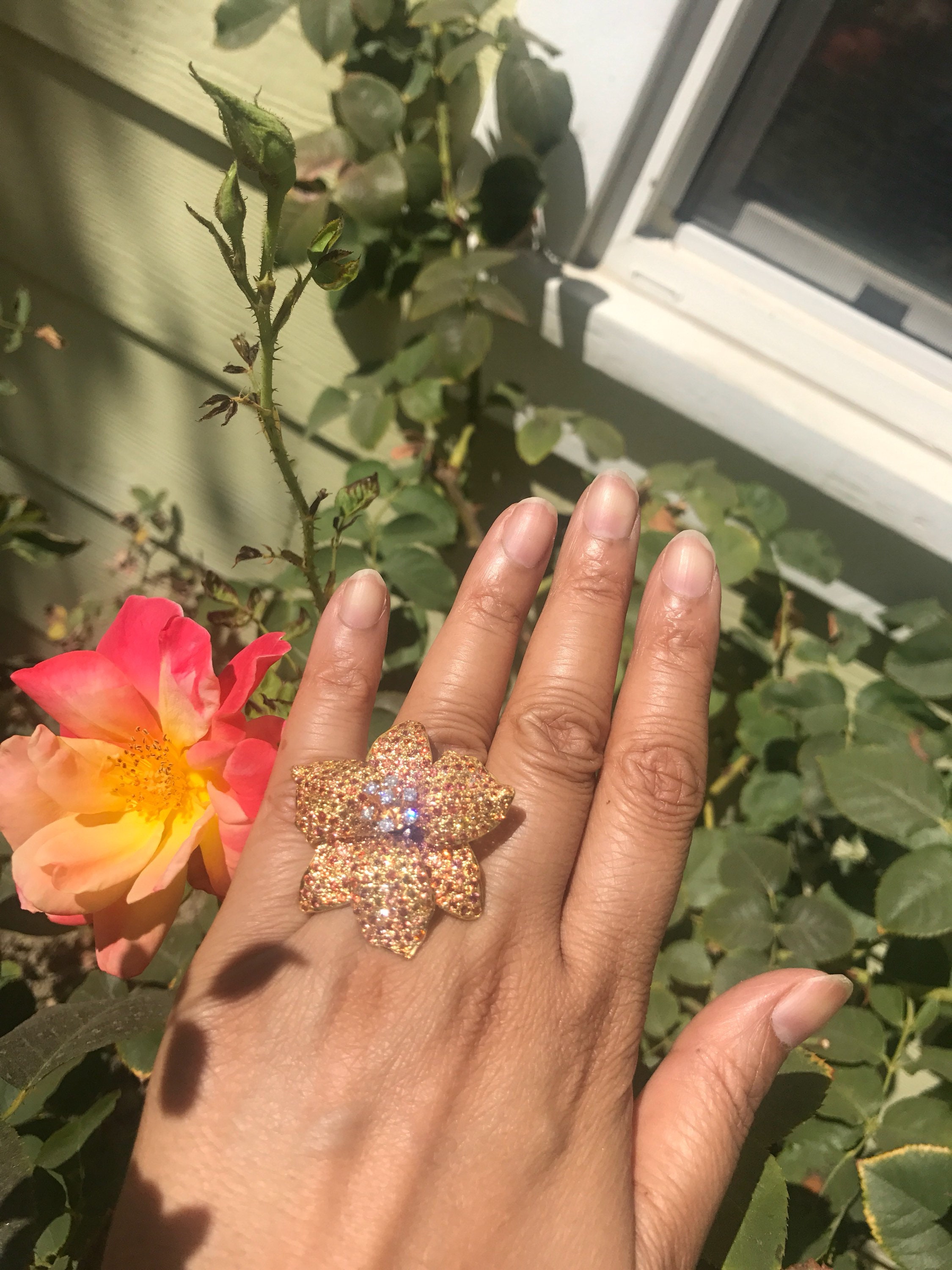 18k Gold Flower Statement Ring Big Diamond Sapphire Flower - Etsy
