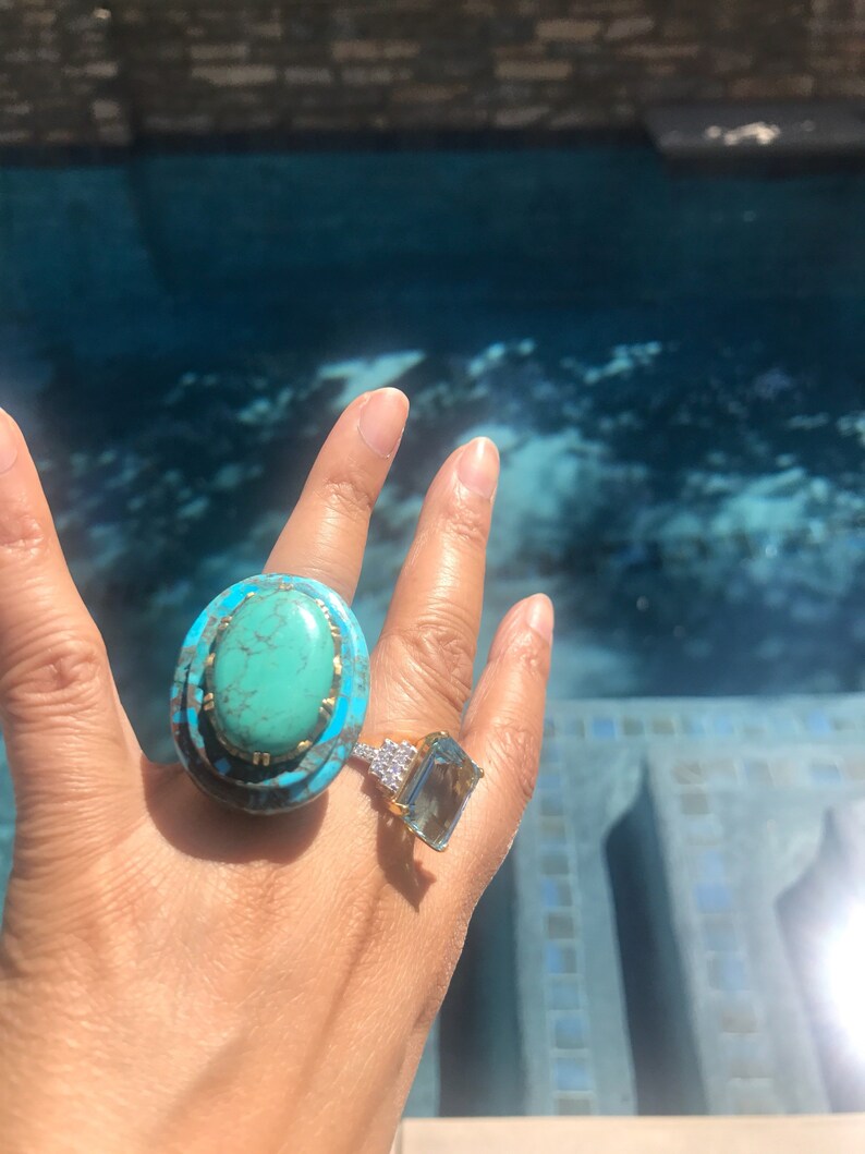 Sterling Turquoise Diamond Ring Carved Turquoise Ring Fine - Etsy