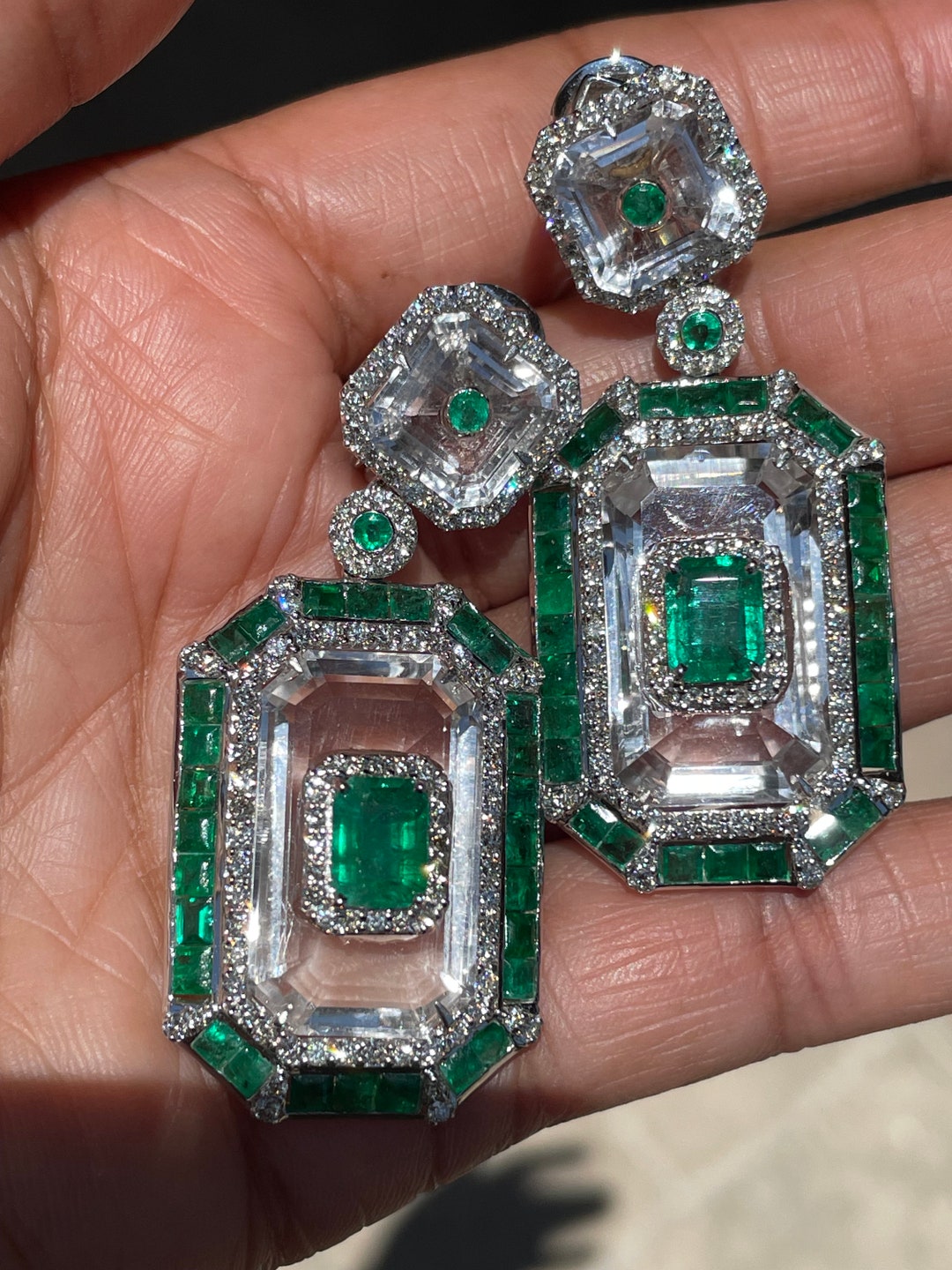 8 Carat Emerald Diamond Earrings, Rare Emerald Earrings, Big Emerald ...