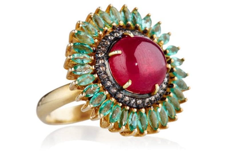 Gold Diamond Emerald Ruby Ring With Sterling Silver, Emerald Ring ...