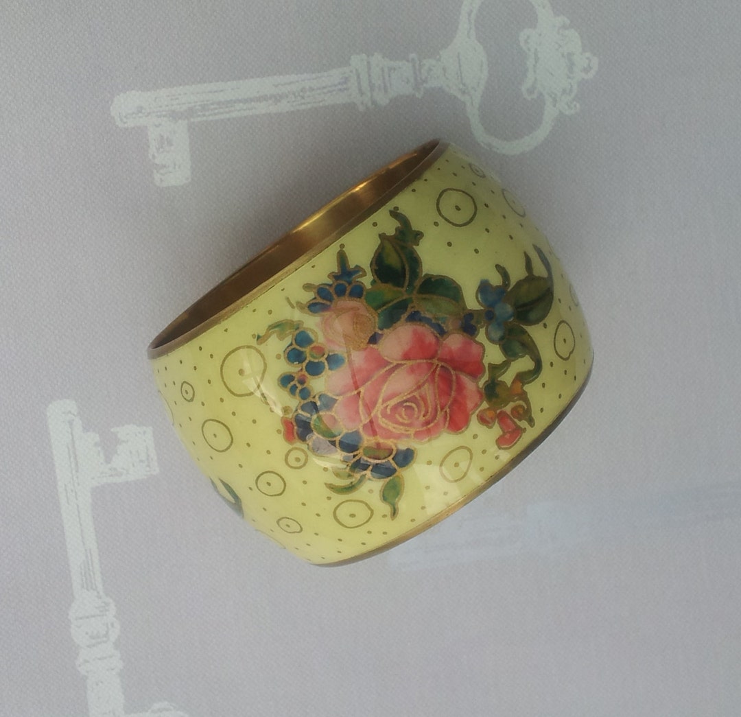 Vintage Wide Brass Bangle With Rose Flower Patten Inlay Under Enamel ...