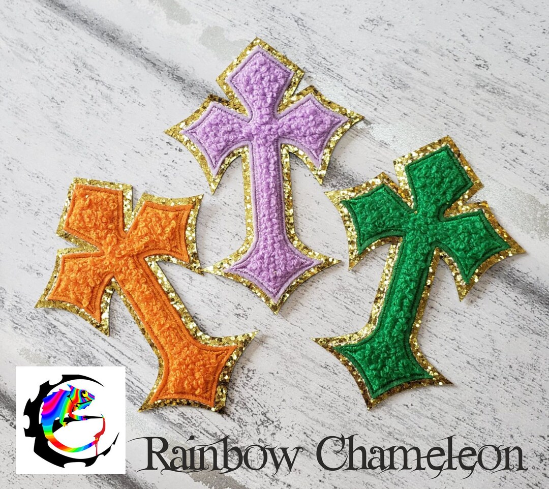 Chenille Crucifix Cross Iron on Patch: Gold Glitter Border - Etsy