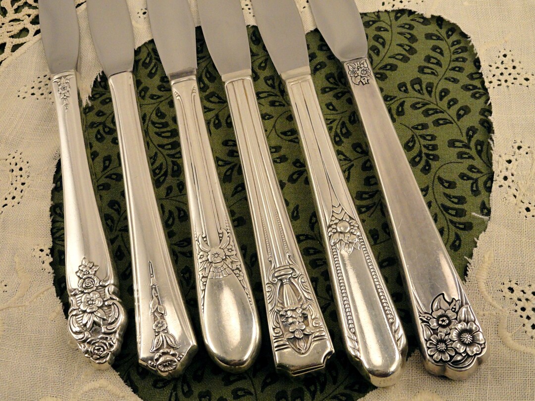 6 Floral Deco Grille Viande Style Dinner Knives Eclectic Mixed Mismatched Vintage Silverplate 4 ...