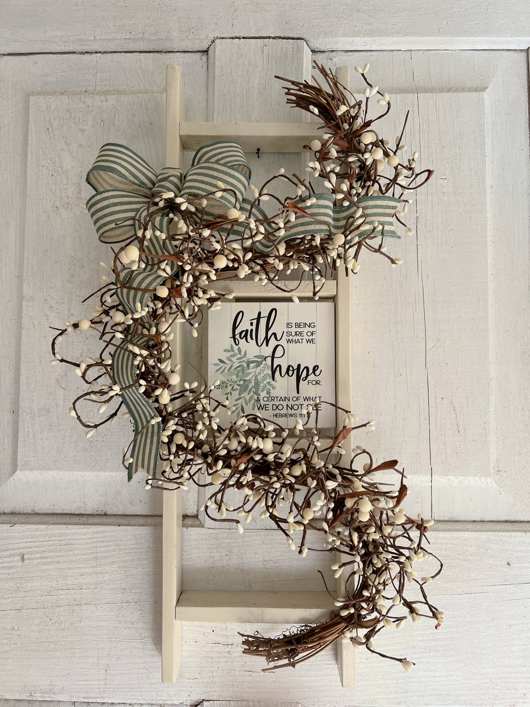 Faith Ladder Decor: Scripture Sign, Grapevine Garland, Farmhouse Style ...