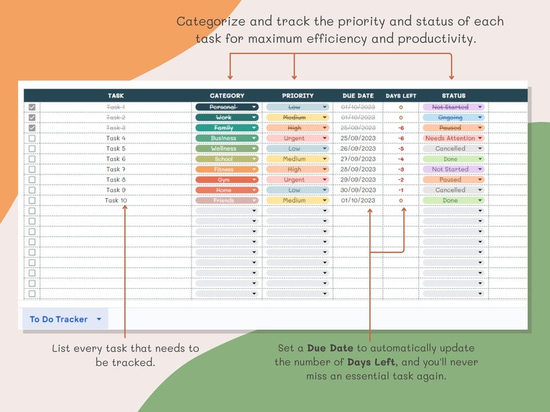 Task Tracker Spreadsheet, Google Sheets to Do List Tracker, Checklist ...
