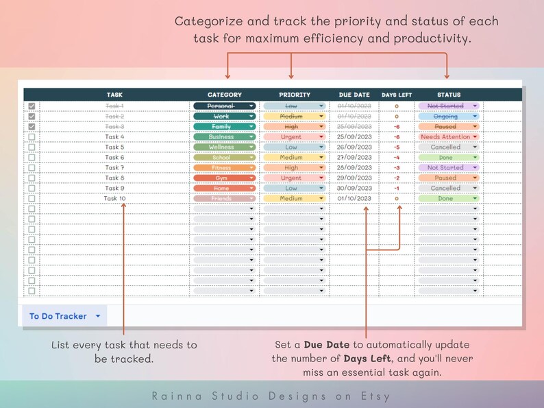 To Do List Template ,time Management & Task Tracker Spreadsheet for ...