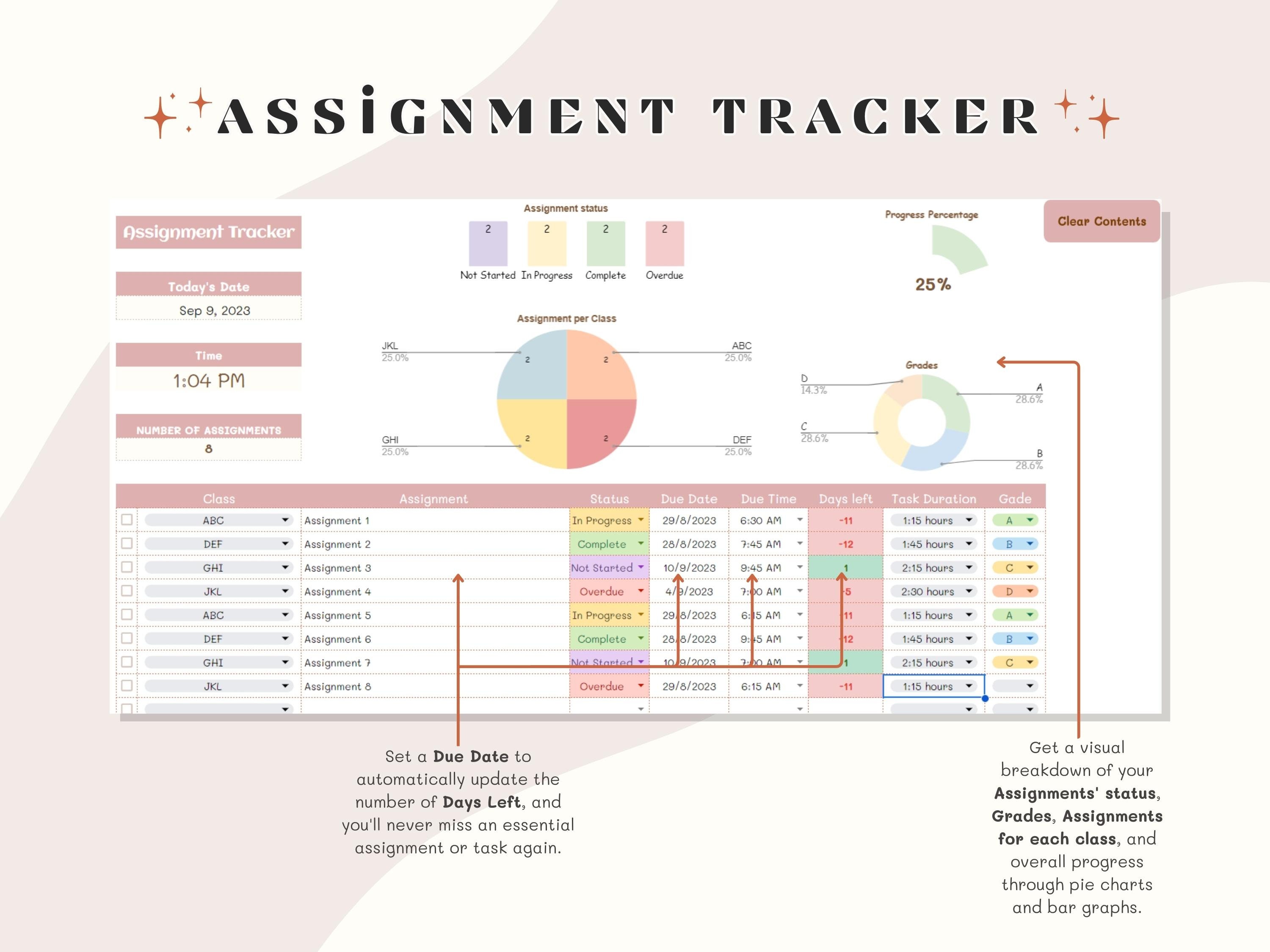 Student Planner Assignment Tracker School Spreadsheet Digital ...