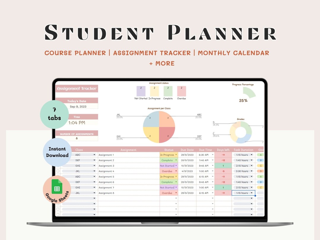 Student Planner Assignment Tracker School Spreadsheet Digital ...
