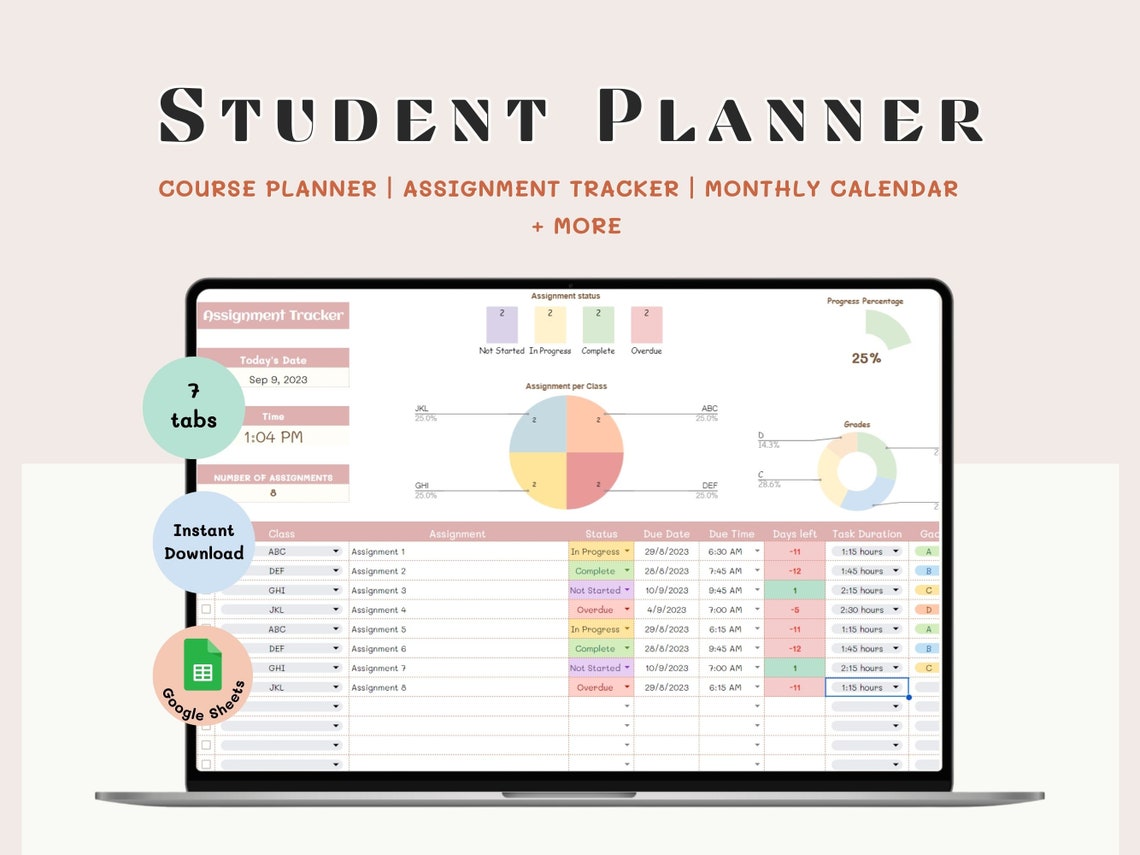 Student Planner Assignment Tracker School Spreadsheet Digital ...