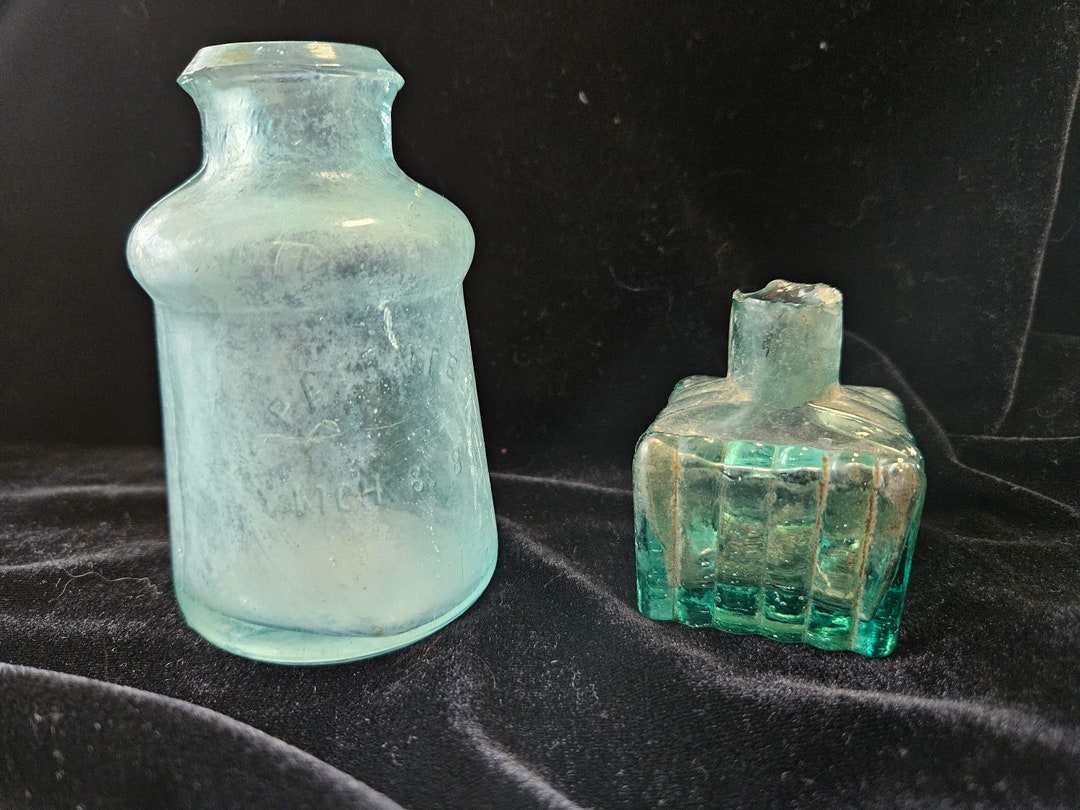 Ink Bottle, Old Large Rectangular Aqua Glass, Antique English Bubble ...
