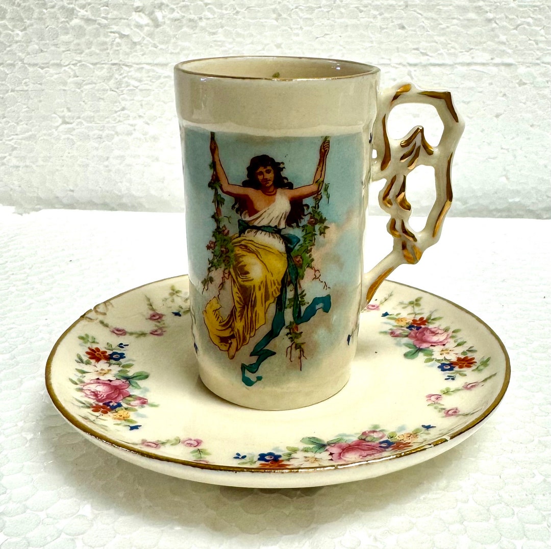 Vintage Teacup and Saucer, Victorian Lady on Swing, Gold Trim - Etsy
