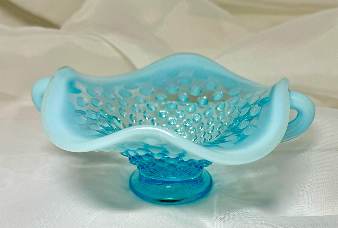 Vintage Fenton Opalescent Aqua Blue Glass Hobnail Ruffled Bowl With 2 ...