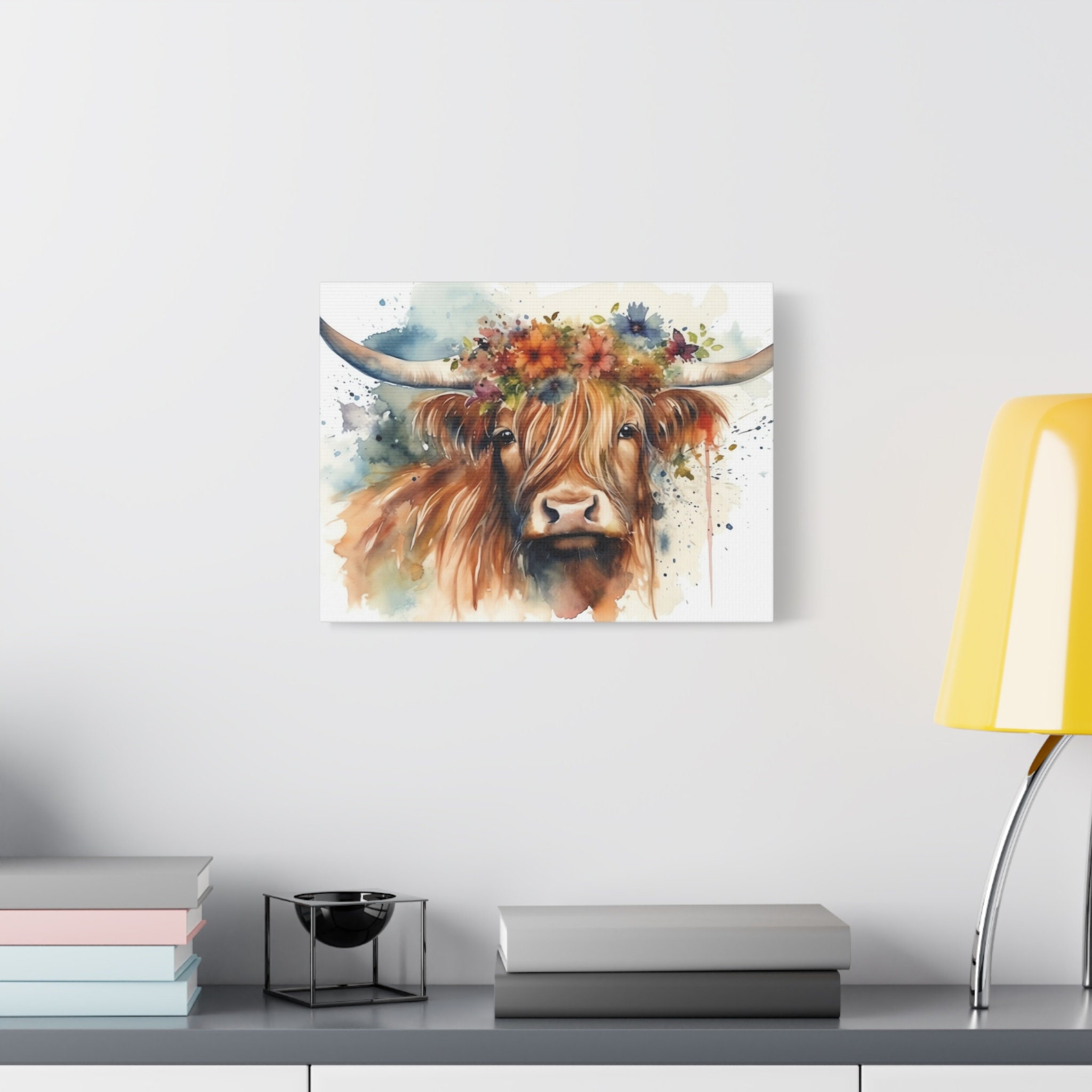 Highland Cow Print Canvas Wall Art Flower Head Dress Floral - Etsy