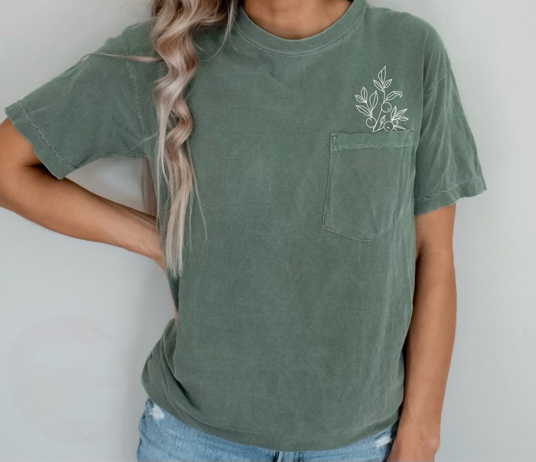 Olive Tree Branch Front Pocket Tshirt, Comfort Colors Floral Shirt ...