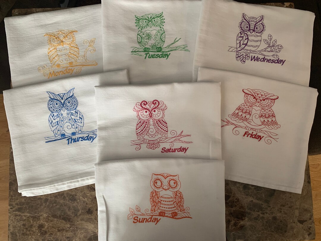 Days of the Week Owls , Machine Embroidered Flour Sack Dish Towel - Etsy