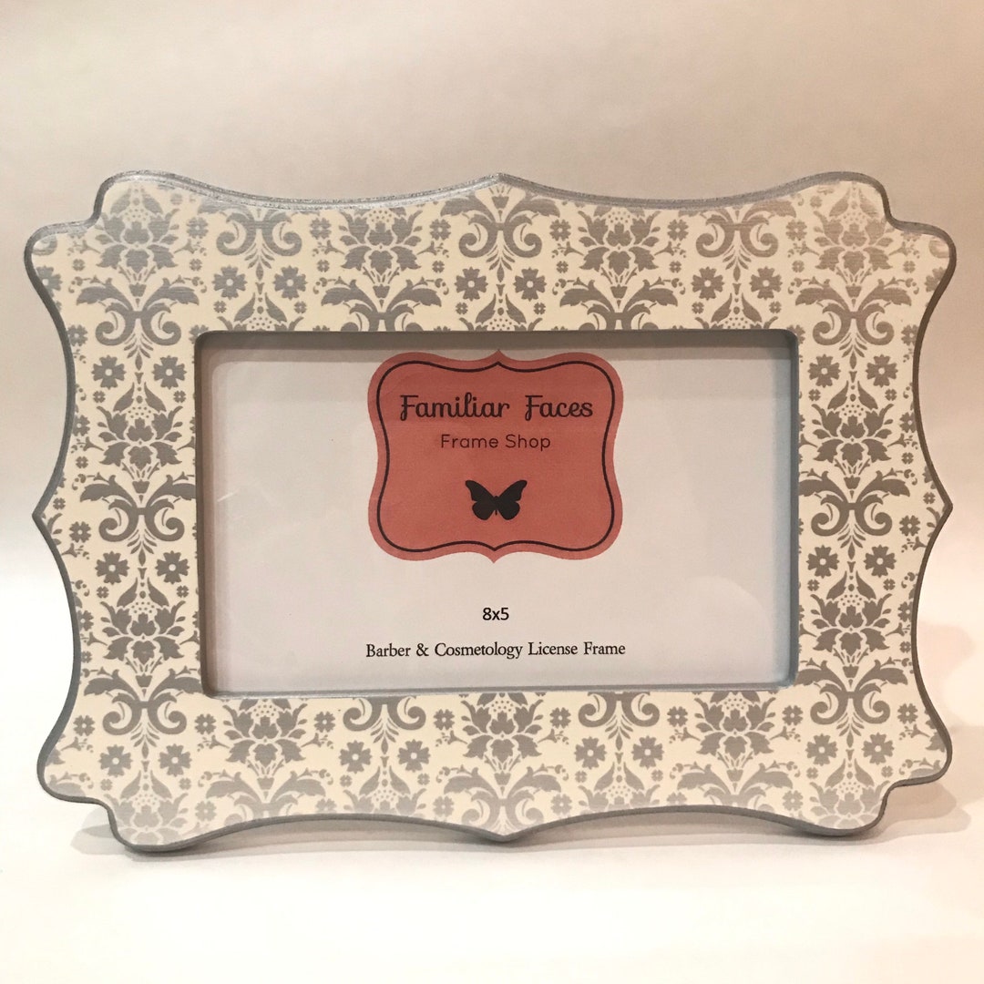 8x5" Barber & Cosmetology License Frame in White and Silver Foil Damask ...