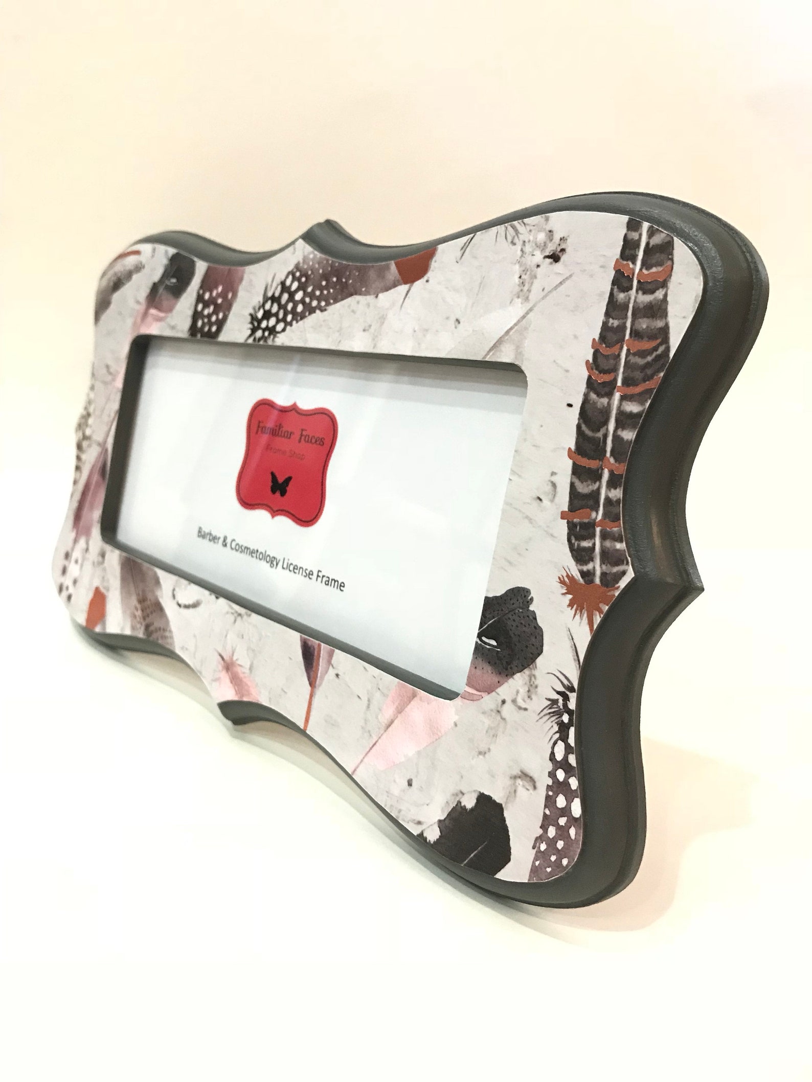 Barber & Cosmetology License Frame in Pink Gray Black White Feathers ...