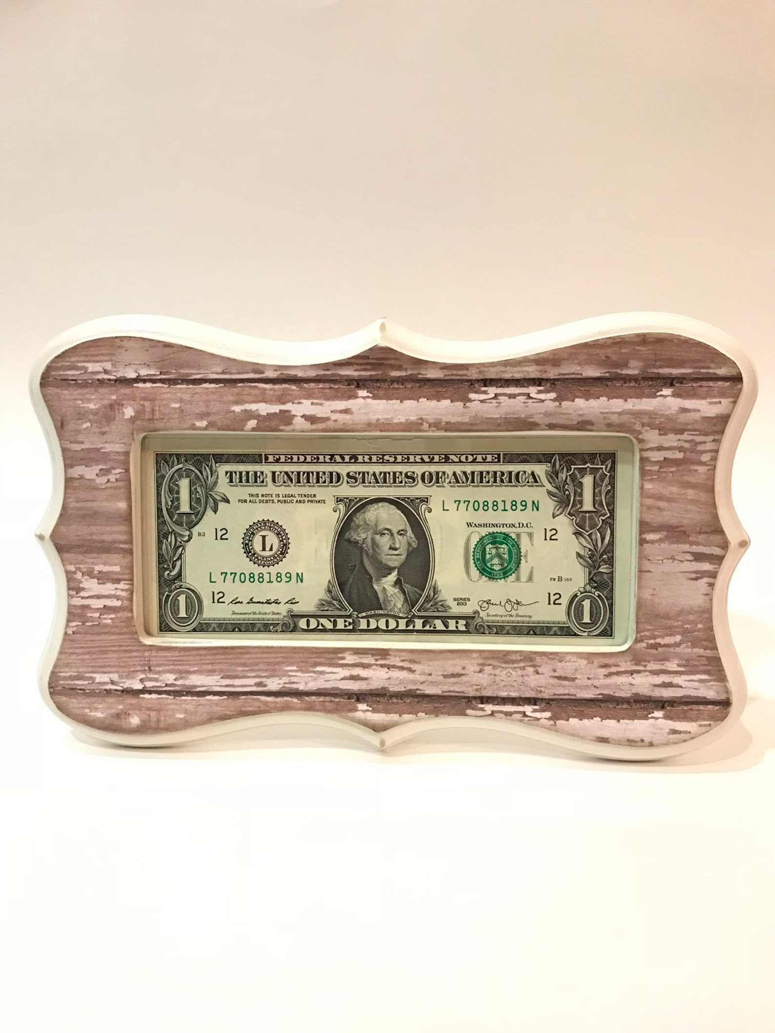 Whimsical First Dollar Bill Picture Frame in White Distressed Barnwood ...
