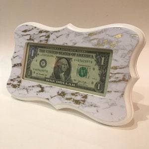 Whimsical First Dollar Bill Picture Frame in White & Gold Foil Marble ...