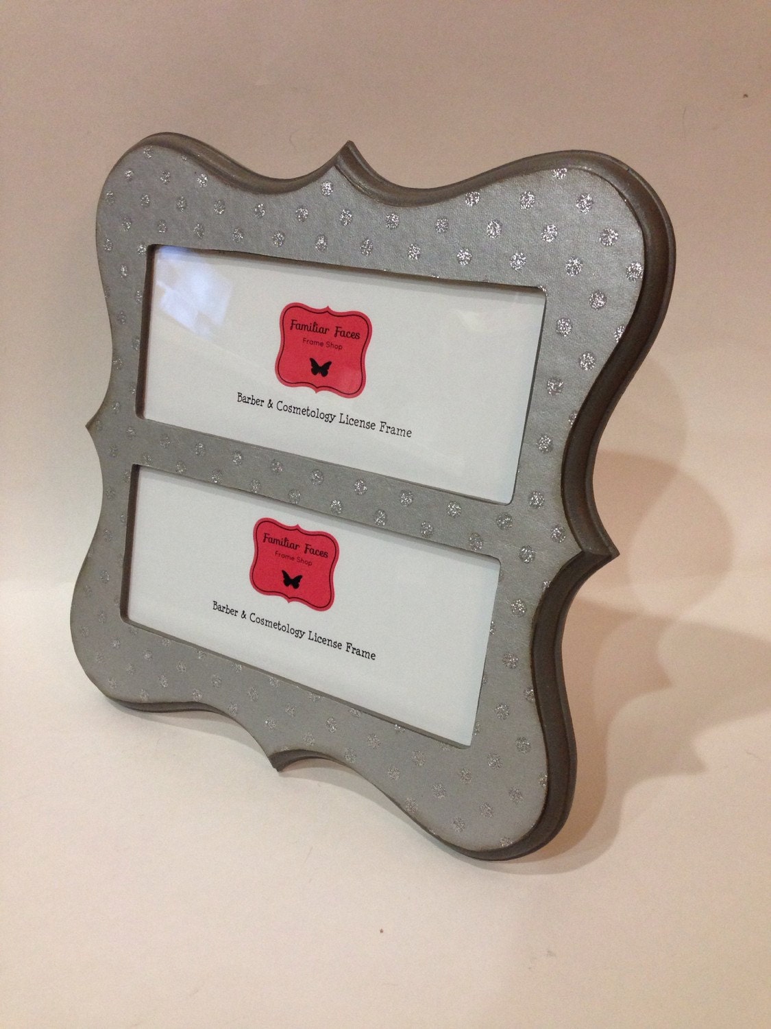 Double Barber & Cosmetology License Frame Gray Silver Glitter Dots ...