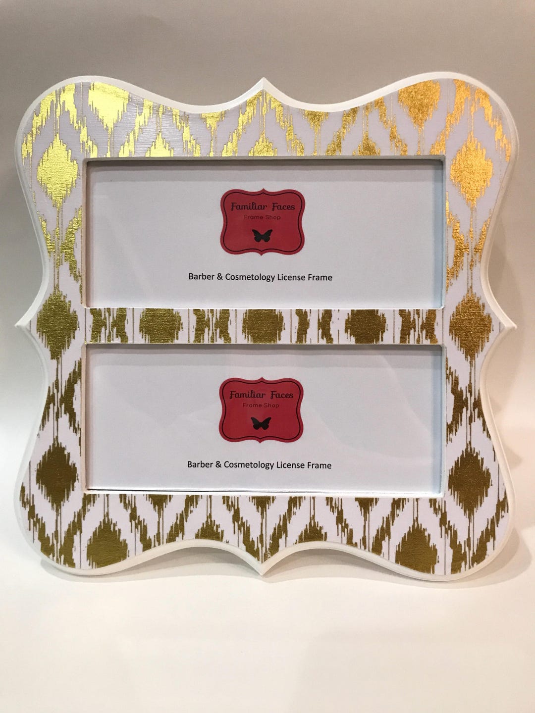 Double Barber & Cosmetology License Frame White Gold Foil Ikat ...