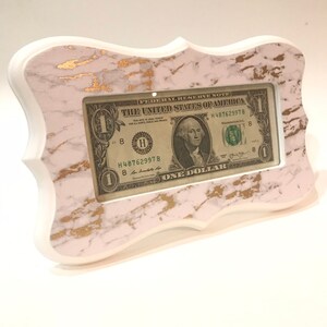 Whimsical First Dollar Bill Picture Frame in White & Gold Foil Marble ...