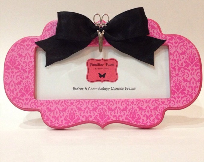 Barber & Cosmetology License Frame Pink Damask Print With Black Bow and ...