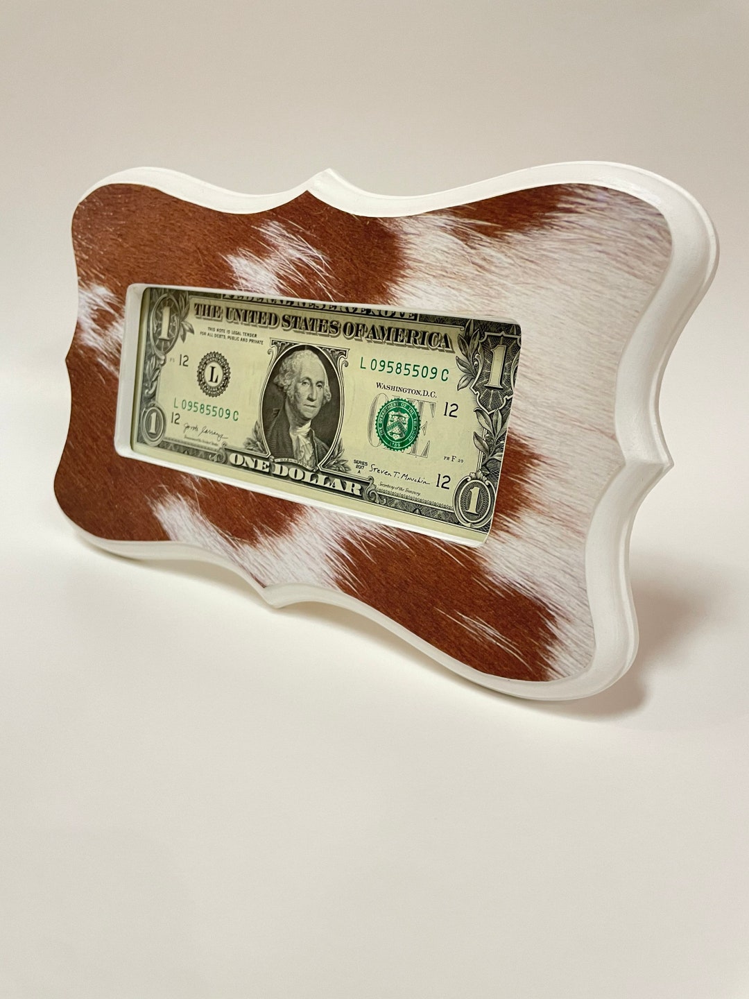 Whimsical First Dollar Bill Picture Frame in Brown and White Cowhide ...
