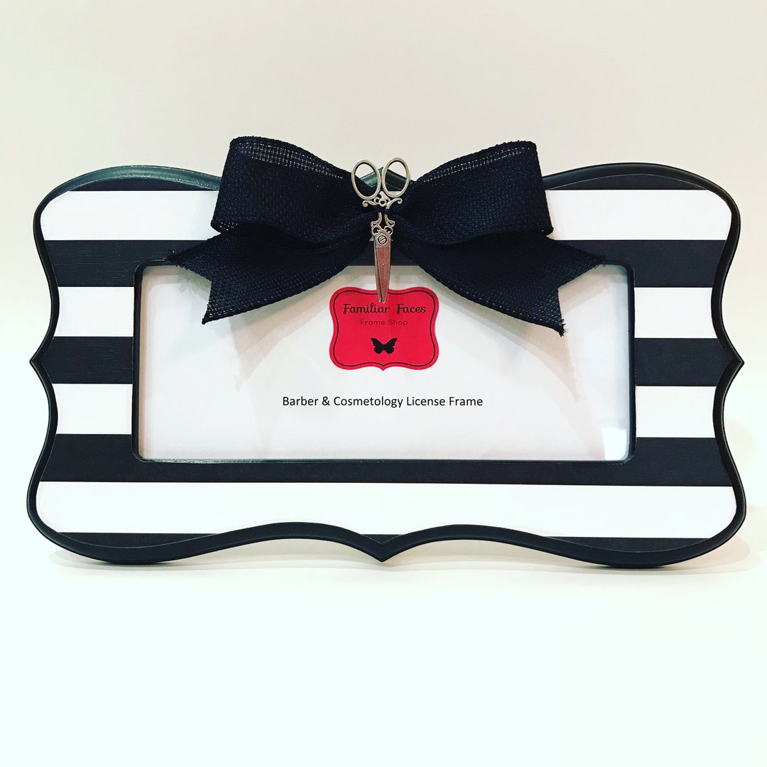 Barber & Cosmetology License Frame Black White Stripes With Black Bow ...