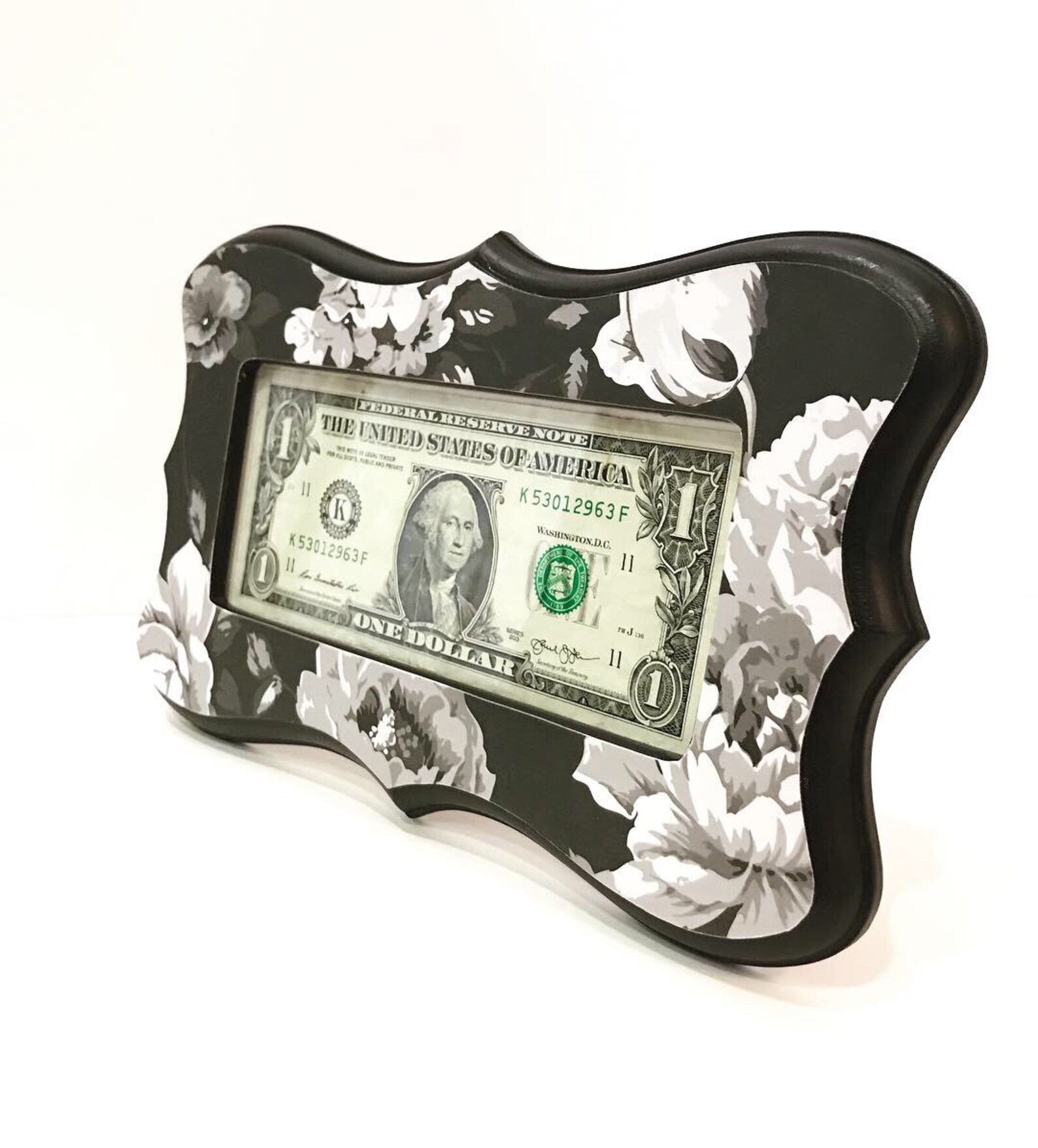 Whimsical First Dollar Bill Picture Frame in Black and White Floral ...