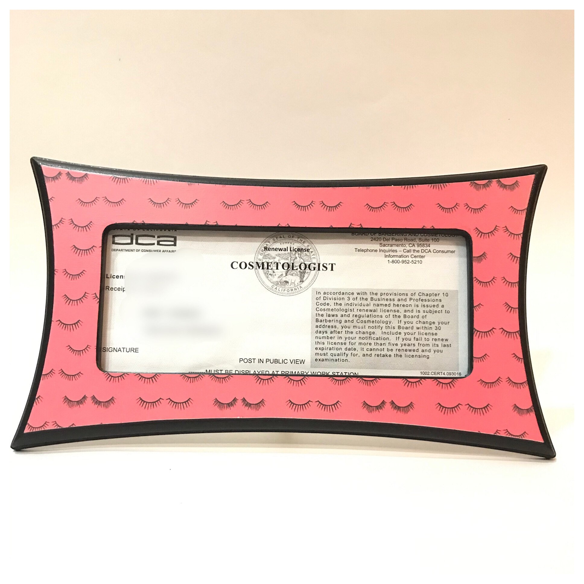 Barber & Cosmetology License Frame in Pink With Black Eyelashes Print ...