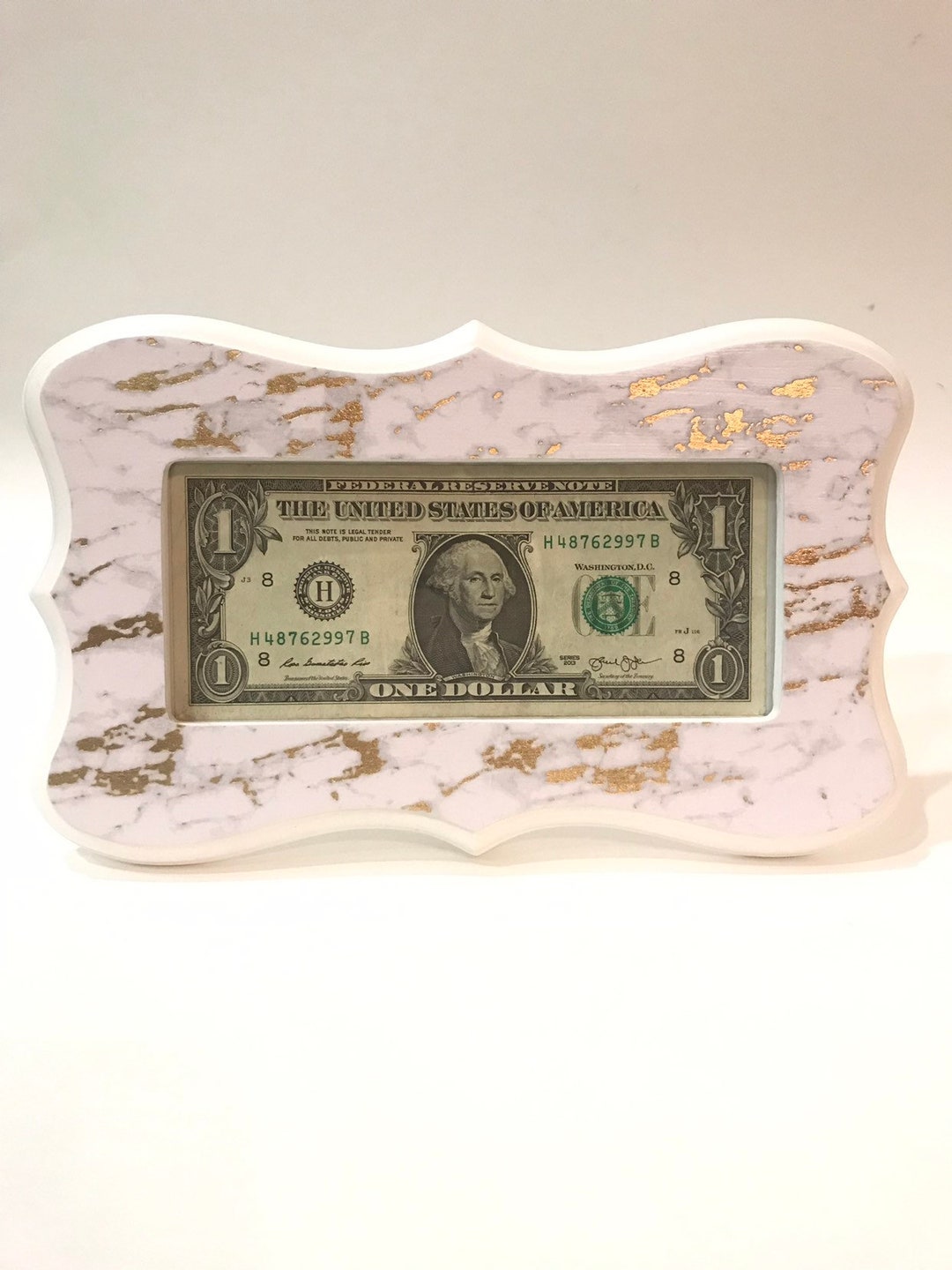Whimsical First Dollar Bill Picture Frame in White & Gold Foil Marble ...