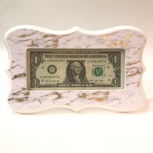 Whimsical First Dollar Bill Picture Frame in White & Gold Foil Marble ...