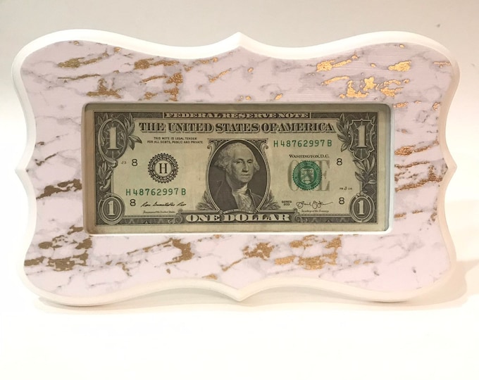 Whimsical First Dollar Bill Picture Frame in White & Gold Foil Marble ...