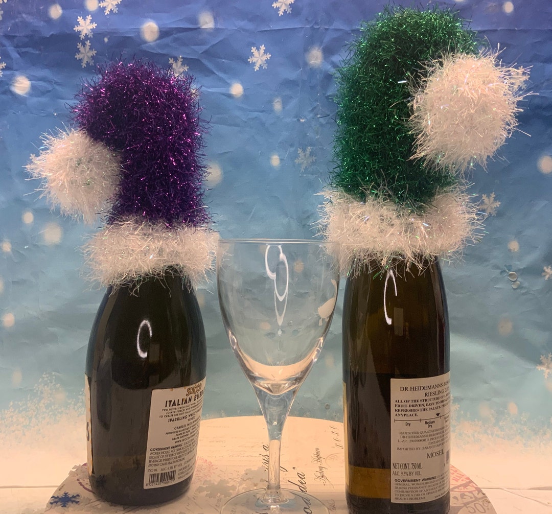 Cozy Wine Bottle Hat Santa Hat Bottle Topper Hand Knitted Set of 3 ...