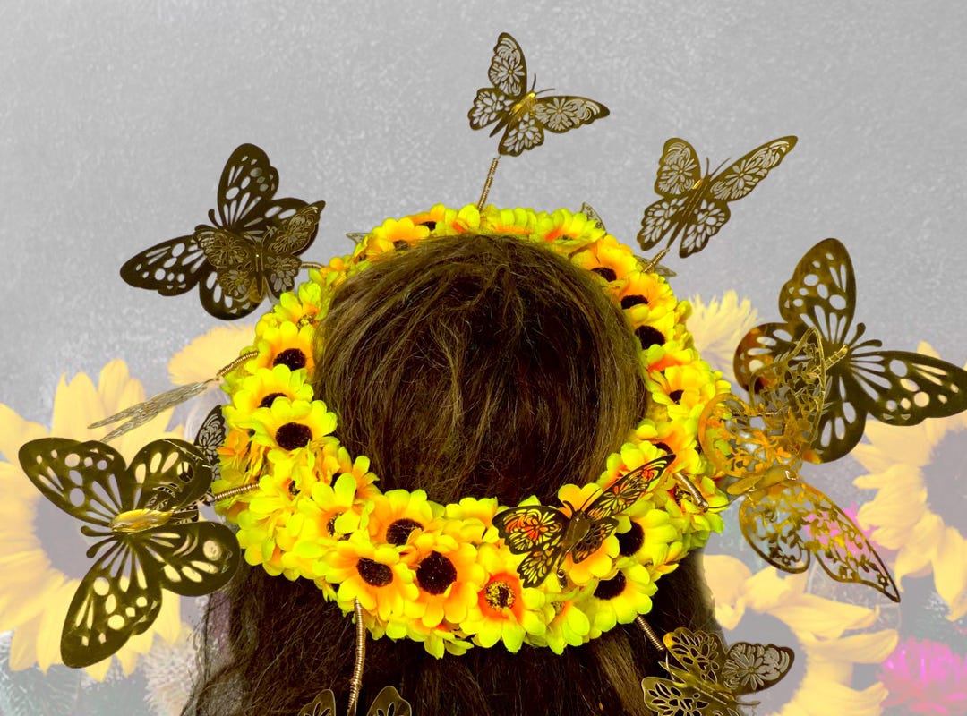 Handmade Sunflower Crown: Party Headband With Butterflies - Etsy
